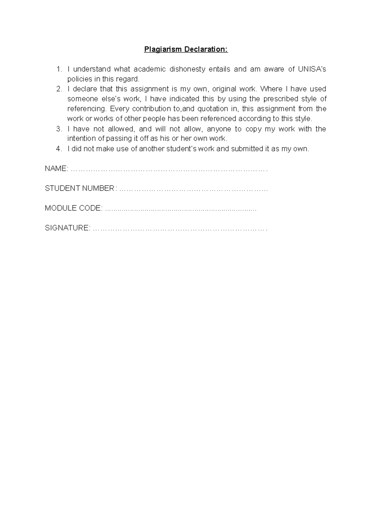 Plagiarism report - Plagiarism Declaration: I understand what academic ...