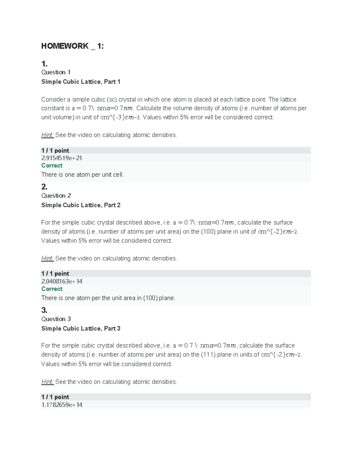 5 6082136014300644442 - HOMEWORK _ 1: 1. Question 1 Simple Cubic Lattice, Part 1 Consider a ...