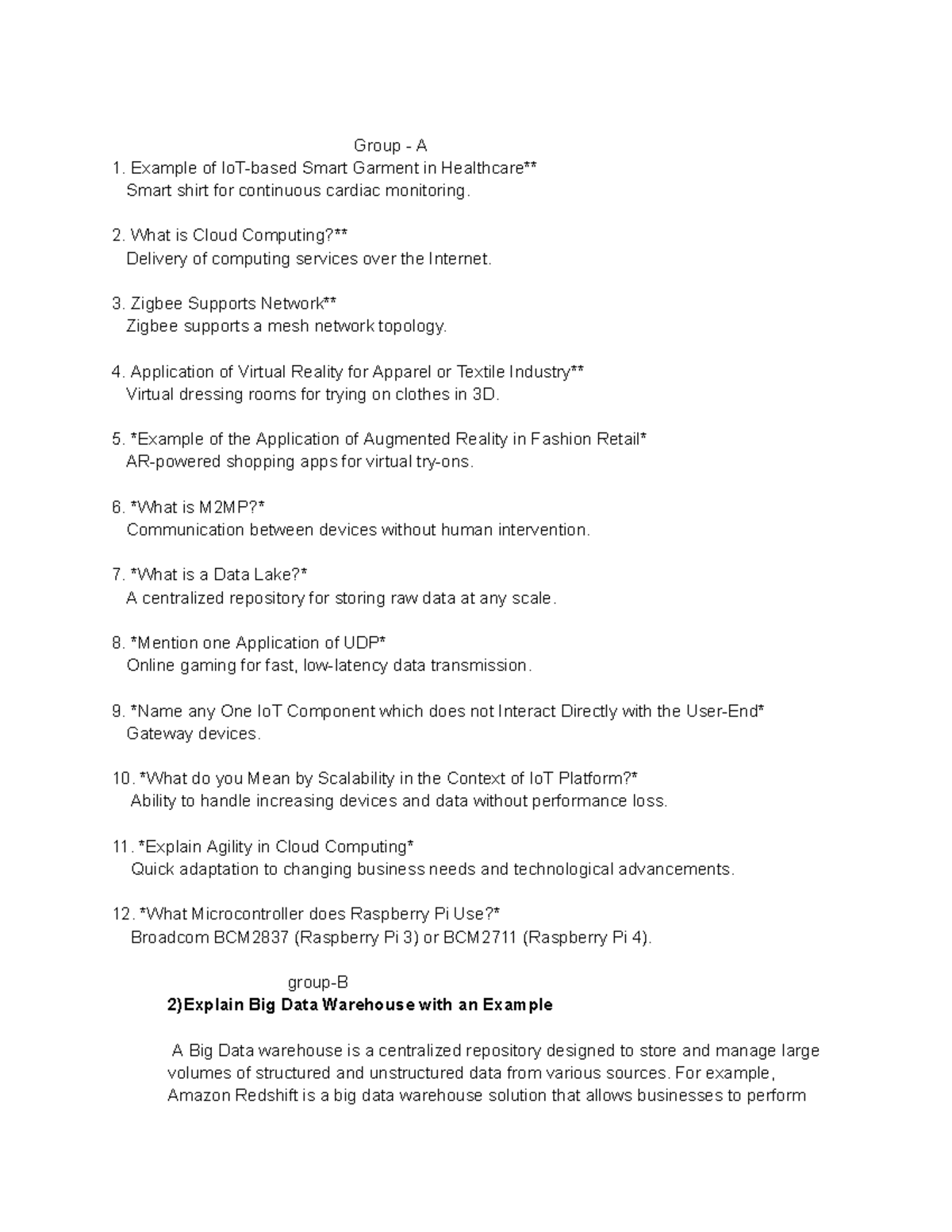 IOT previous year question and answer - Group - A 1. Example of IoT ...