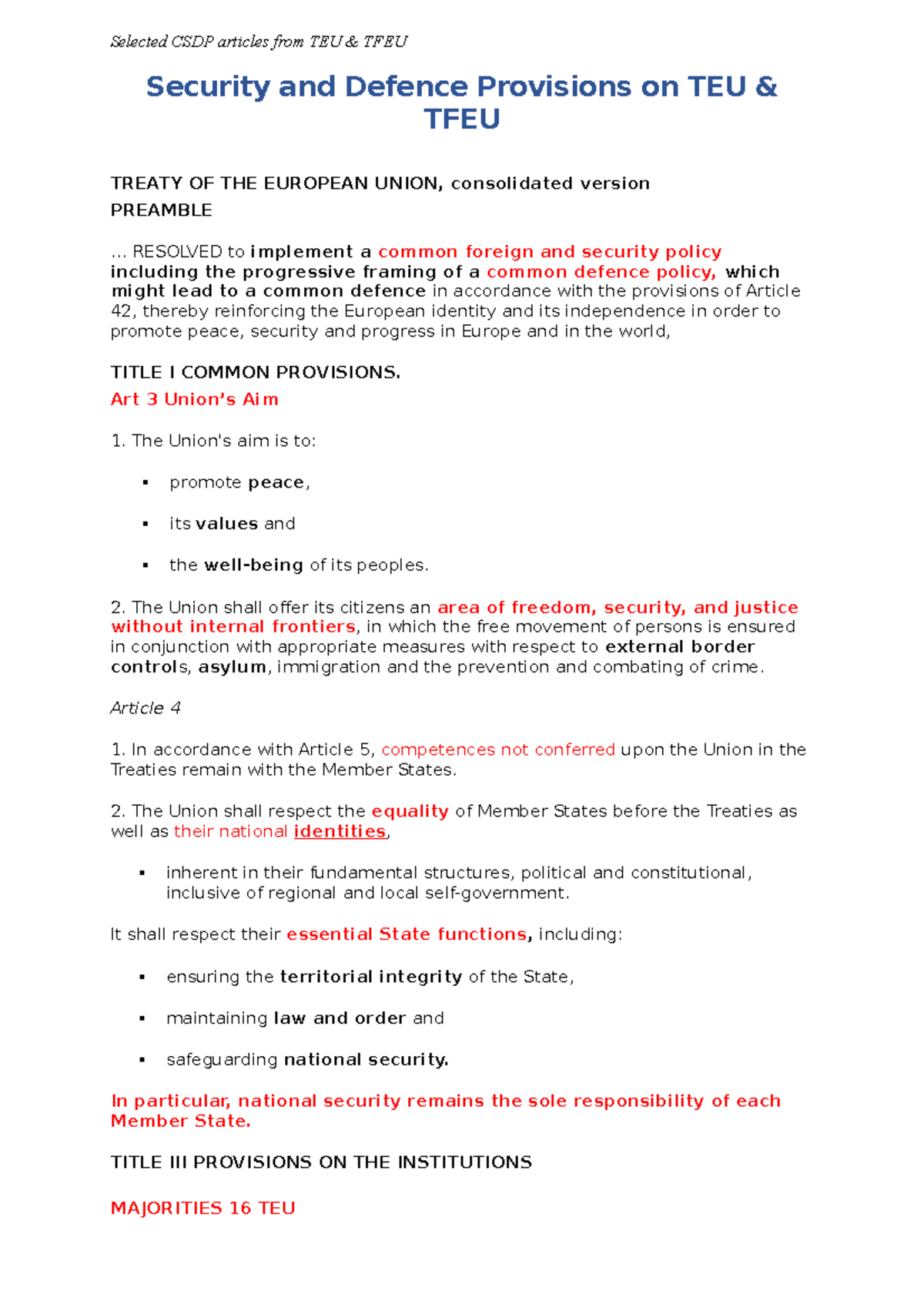TEU TFEU CFSP CSDP Selected Content 2 - Security and Defence Provisions ...