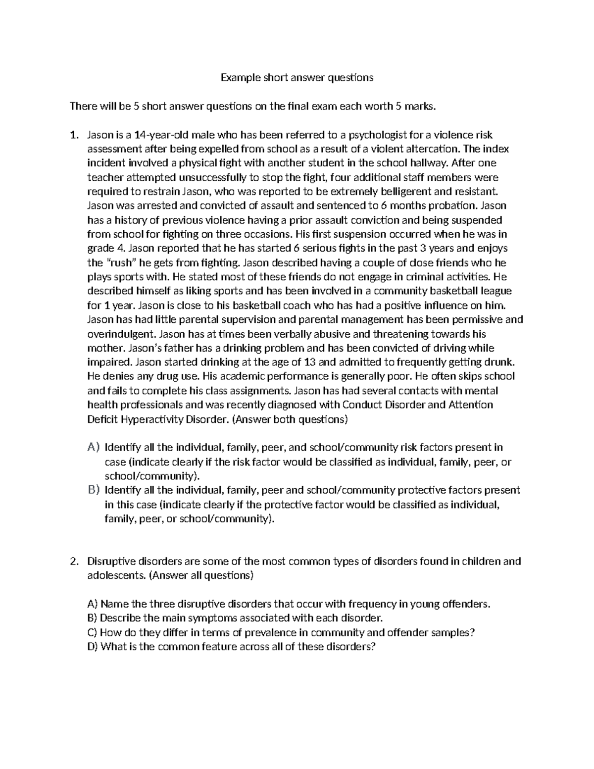 Sample Short Answer Fall 2020 - Example short answer questions There ...