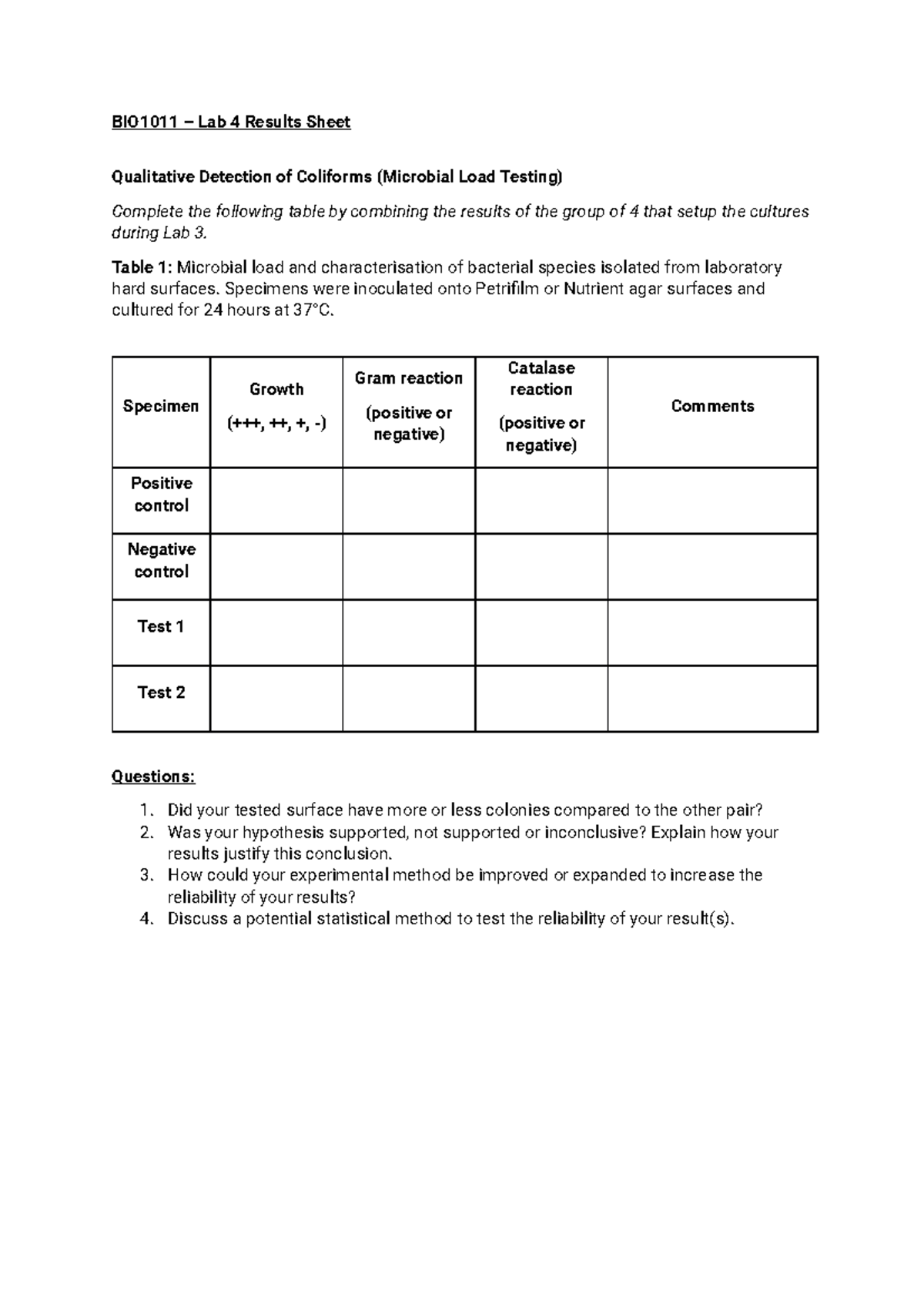 Lab 4 Results Sheet - 2022 - BIO1011 – Lab 4 Results Sheet Qualitative ...