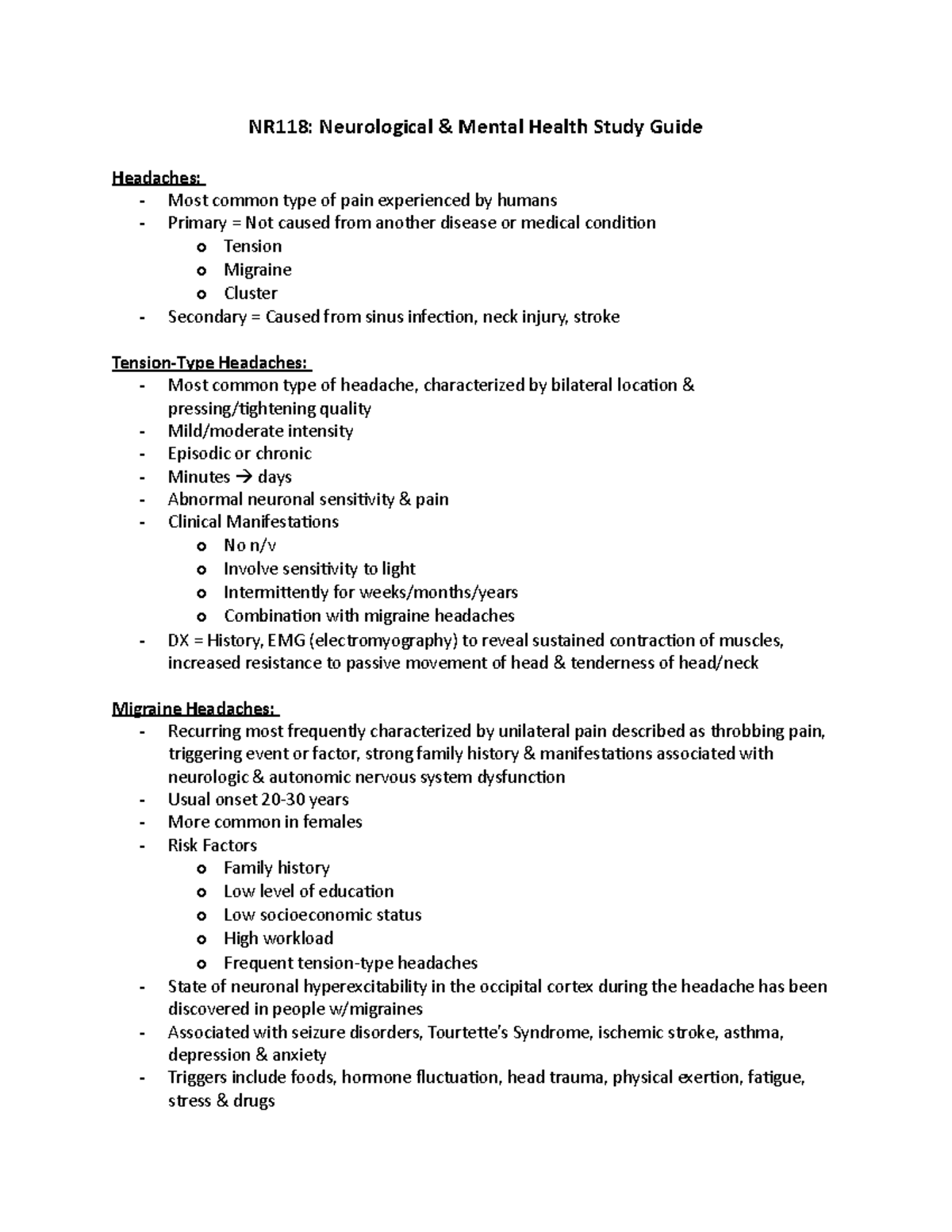 Neurological Mental Health Study Guide - NR118: Neurological & Mental ...