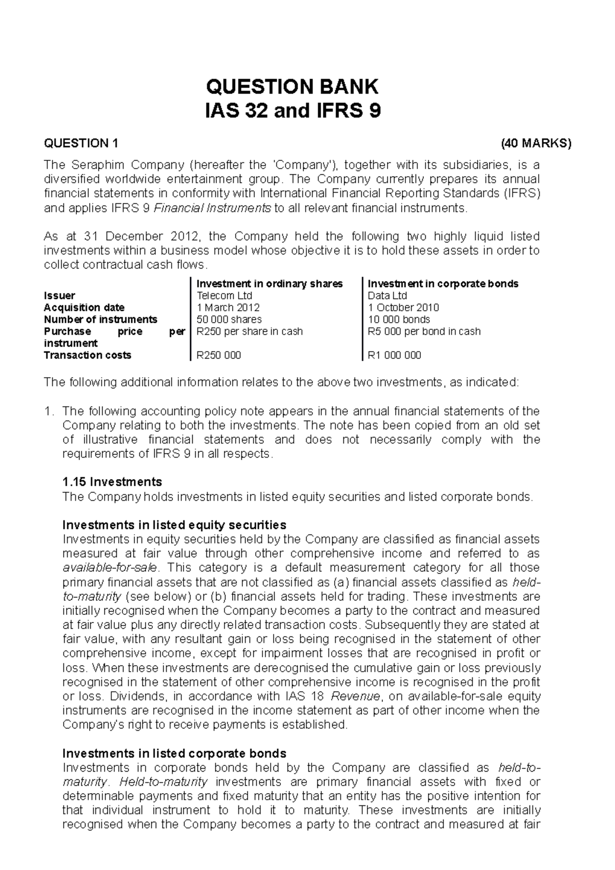 Question Bank Financial Assets 2018 - QUESTION BANK IAS 32 and IFRS 9 ...