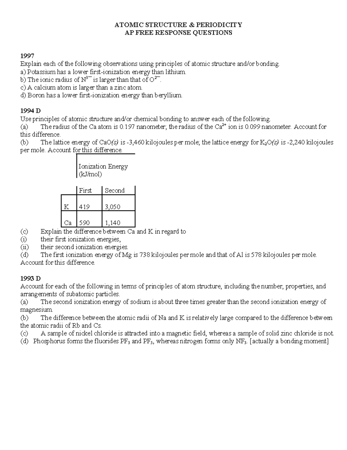 Ap free response - atomic structure periodicity - ATOMIC STRUCTURE ...
