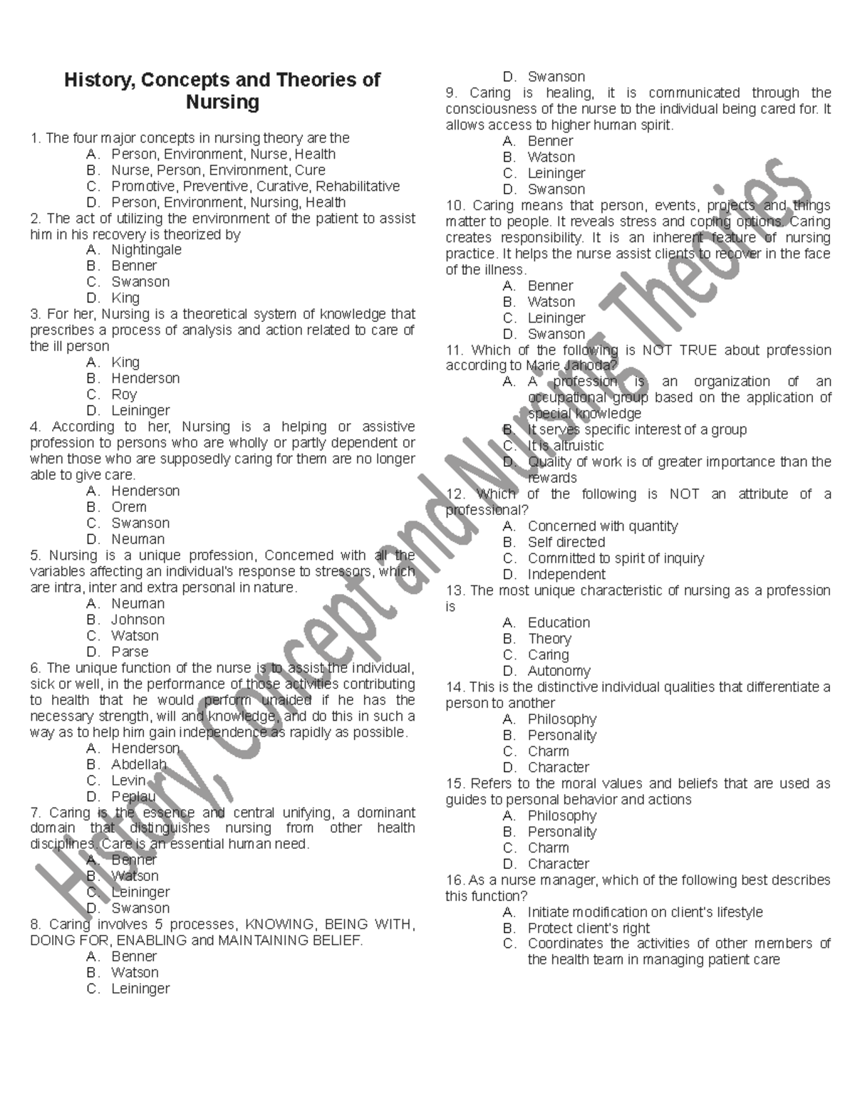 History, Concepts and Nursing Theories Practice Exams - History ...