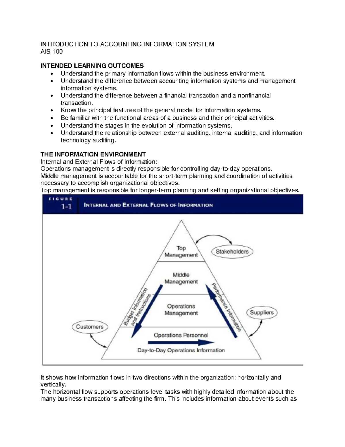 AIS 100 Chapter 1 Handout - INTRODUCTION TO ACCOUNTING INFORMATION SYSTEM AIS 100 INTENDED ...