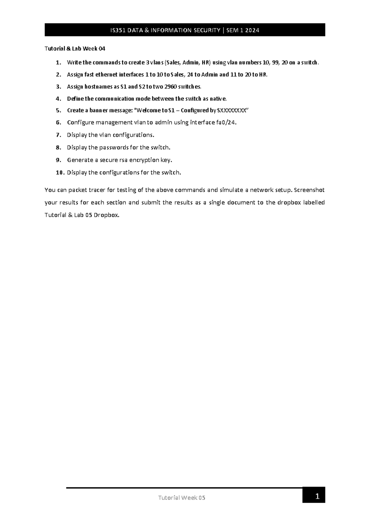 Tutorial Lab Week 05 - IS351 DATA & INFORMATION SECURITY | SEM 1 2024 Tutorial Week 0 5 1 - Studocu