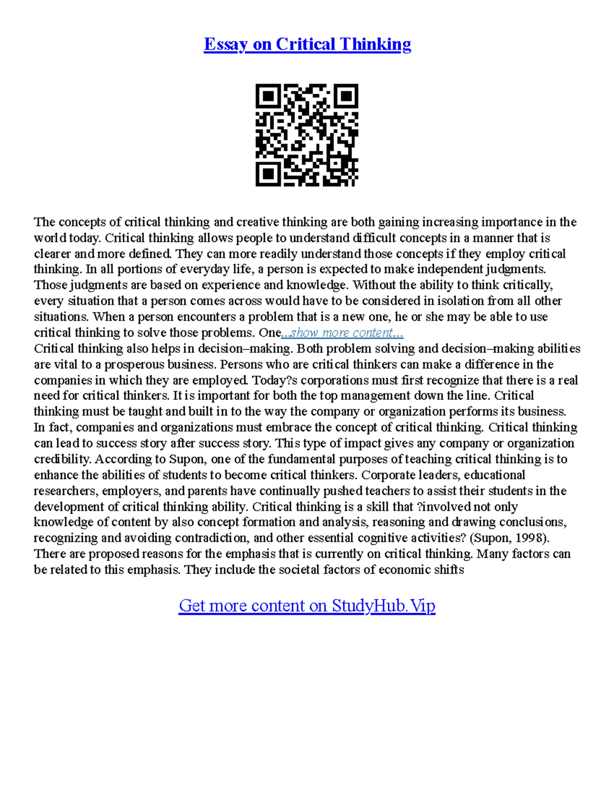 Thinking Essay Thinking Essay - Essay on Critical Thinking The concepts ...