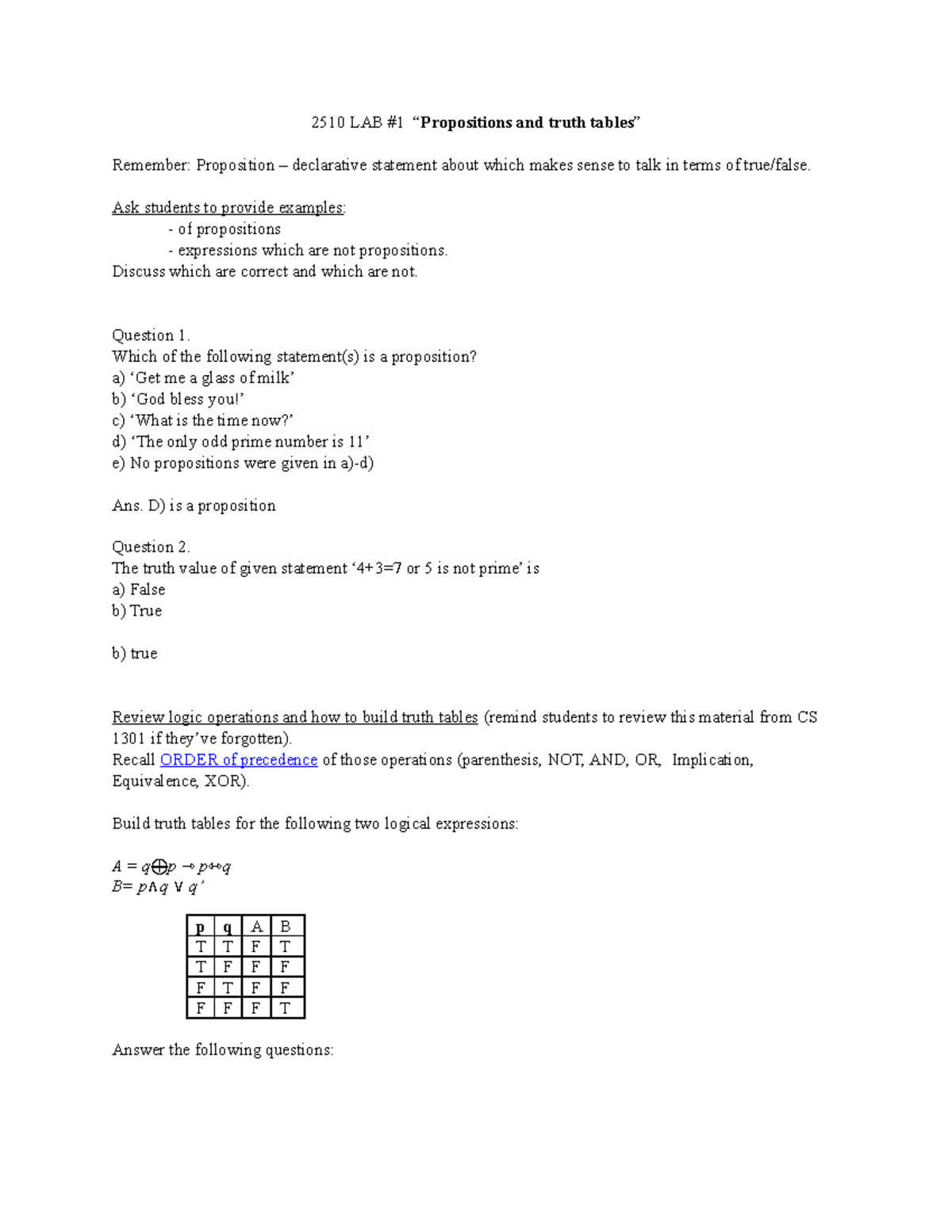 Lab 1 done - lab assignment - 2510 LAB #1 “ Propositions and truth ...