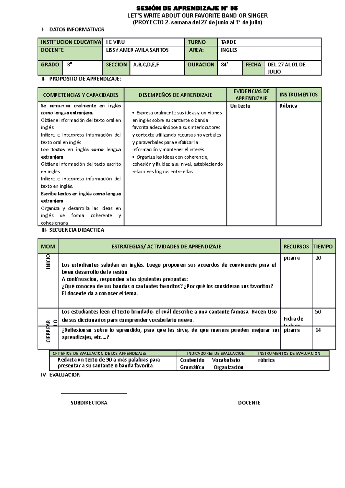 Proyecto 2 - Sesion 5- Onglés 3° - SESIÓN DE APRENDIZAJE N° 05 LET’S ...