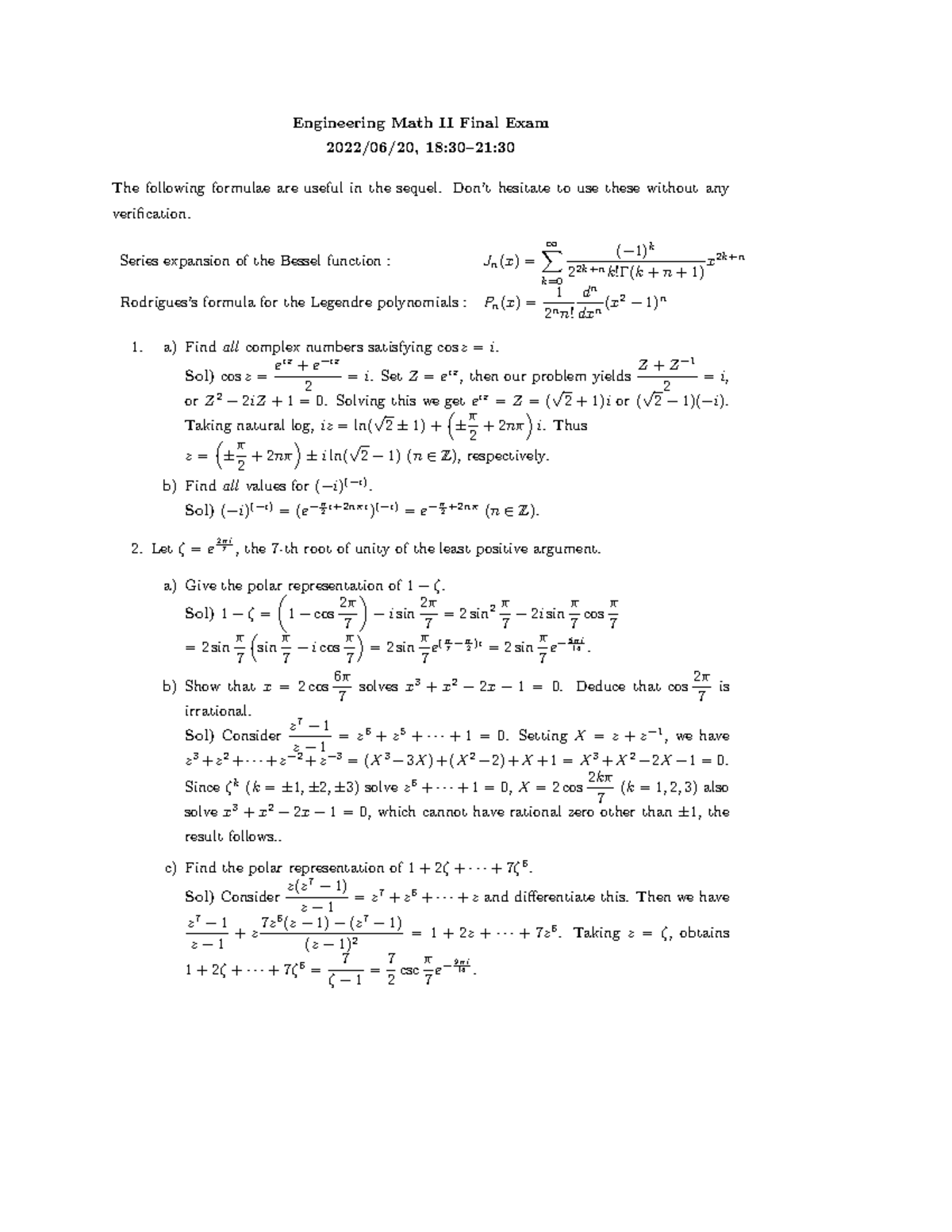 202201 Eng Math 2Fin Sol - Engineering Math II Final Exam 2022/06/20 ...