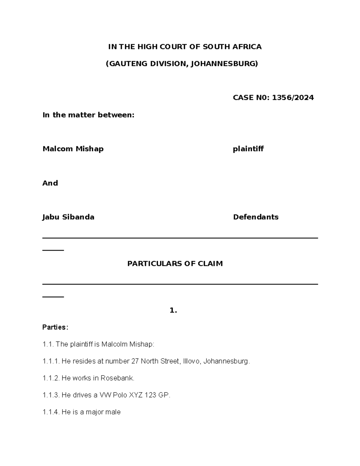 particulars of claim - IN THE HIGH COURT OF SOUTH AFRICA (GAUTENG ...