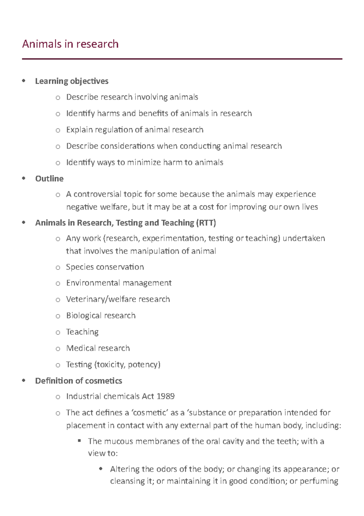ANSC - L10 (Culture) - Lecture 10 notes - Animals in research Learning ...