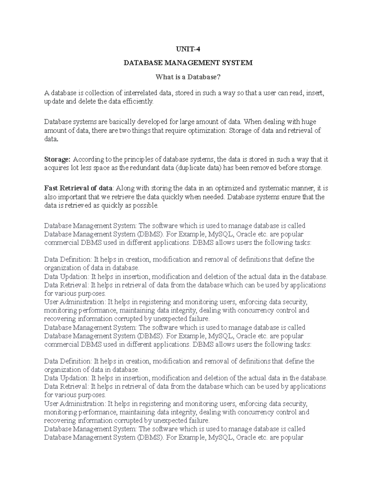 FOC-Unit 4 - UNIT- DATABASE MANAGEMENT SYSTEM What is a Database? A database is collection of ...