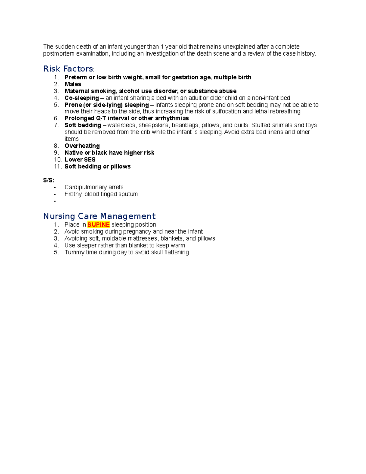 SIDS - notes - The sudden death of an infant younger than 1 year old ...