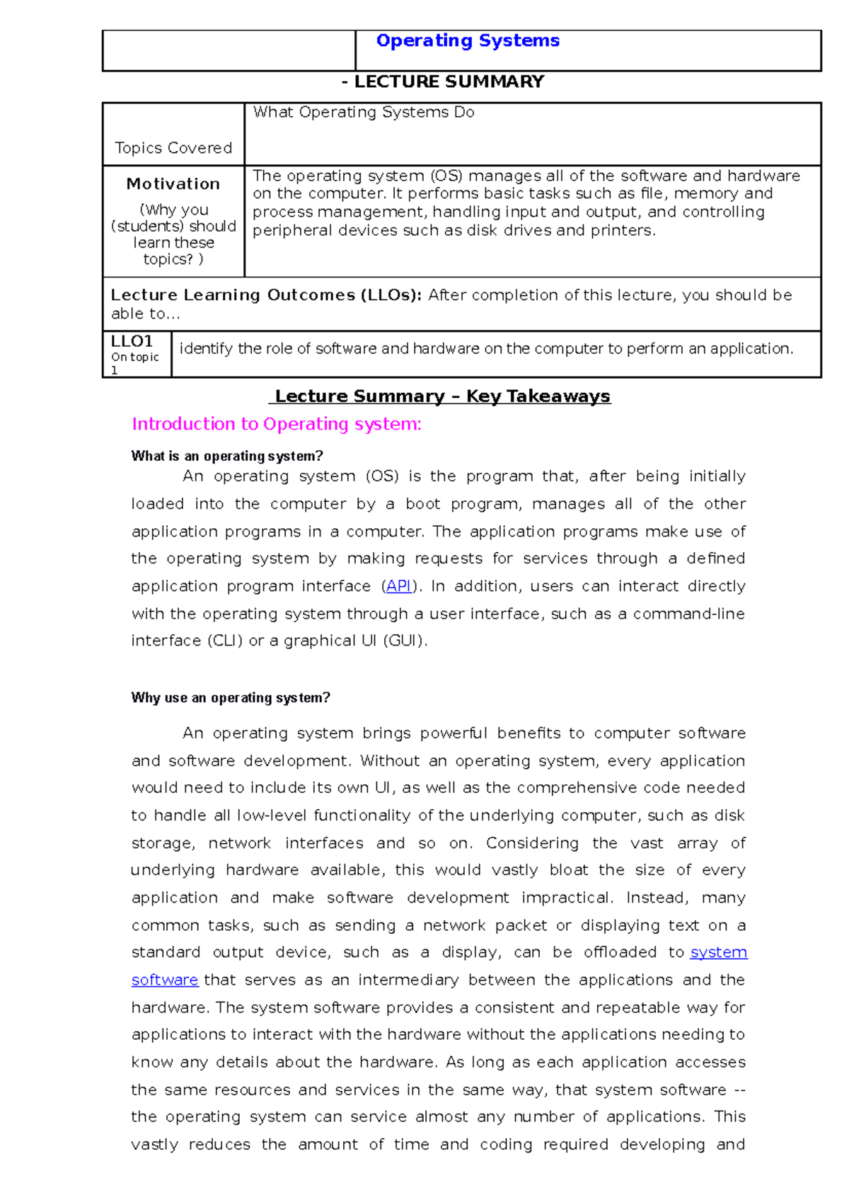 OS1 - Introduction to operation systems - LECTURE SUMMARY Topics Covered What Operating Systems ...