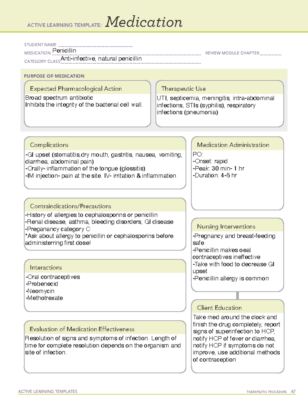 Penicillin ACTIVE LEARNING TEMPLATES THERAPEUTIC PROCEDURE A