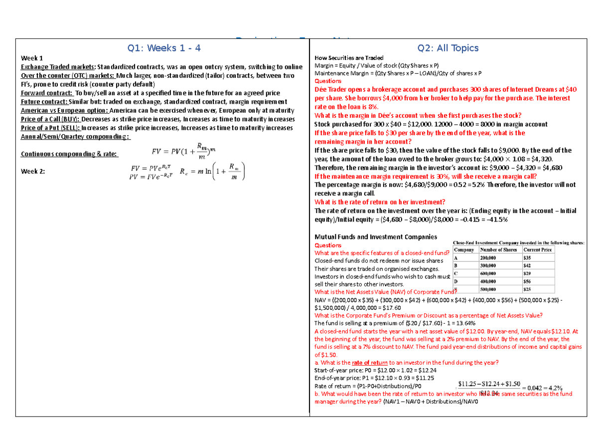Weekly summaries document - Derivatives Exam Notes Q2: All Topics How ...