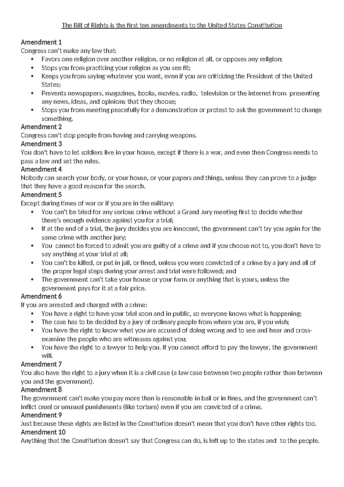 Bill of right in plain langauge - The Bill of Rights is the first ten ...