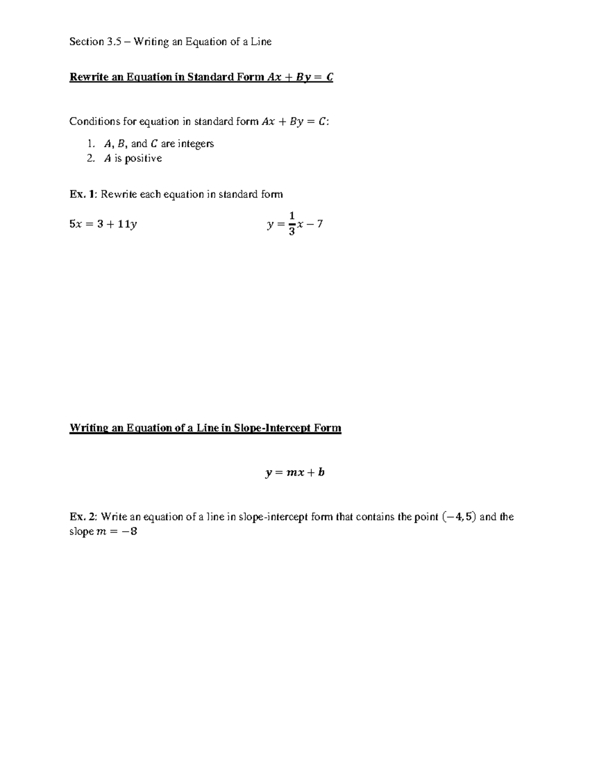 Section 3.5 - Writing an Equation of a Line - Rewrite an Equation in ...