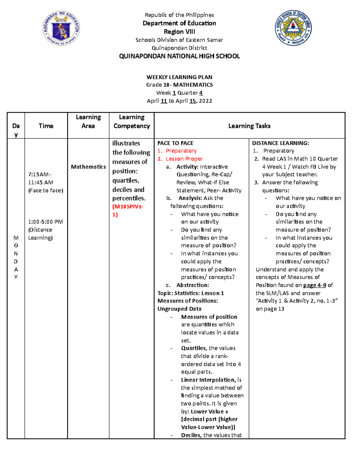 Weekly Home Learning Plan for Quarter 4 in Math 10 - Republic of the ...