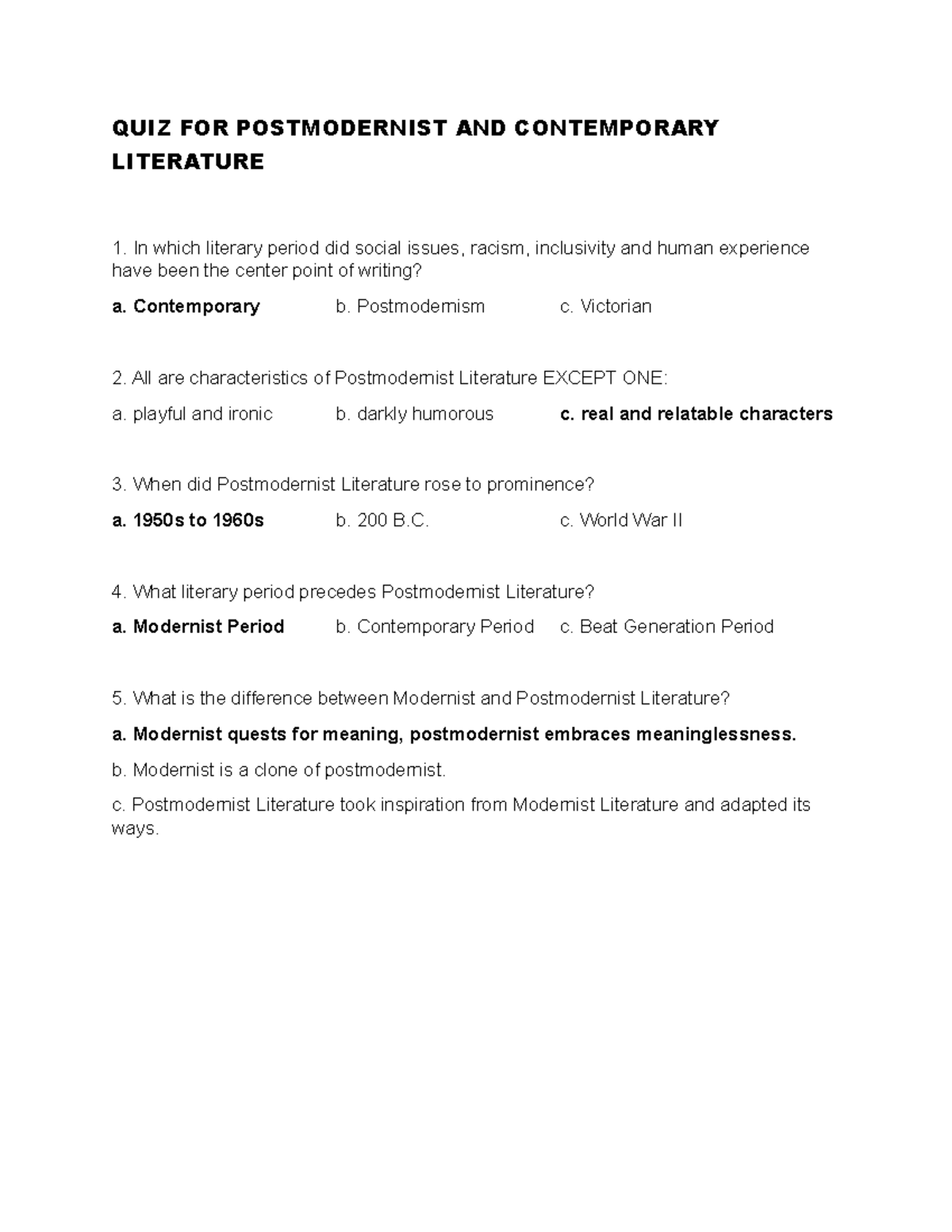 Quiz Postmodernist and Contemporary Literature - QUIZ FOR POSTMODERNIST ...