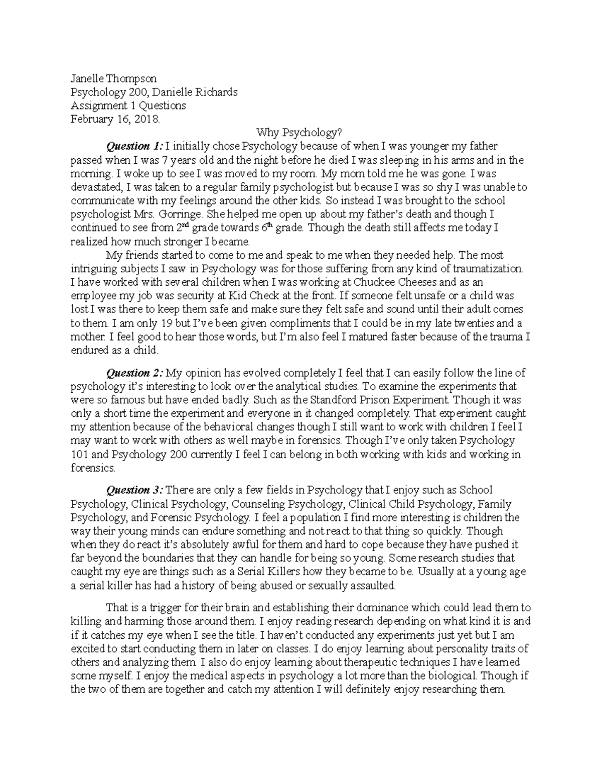 Psy 200 assignment 1 questions - Janelle Thompson Psychology 200 ...