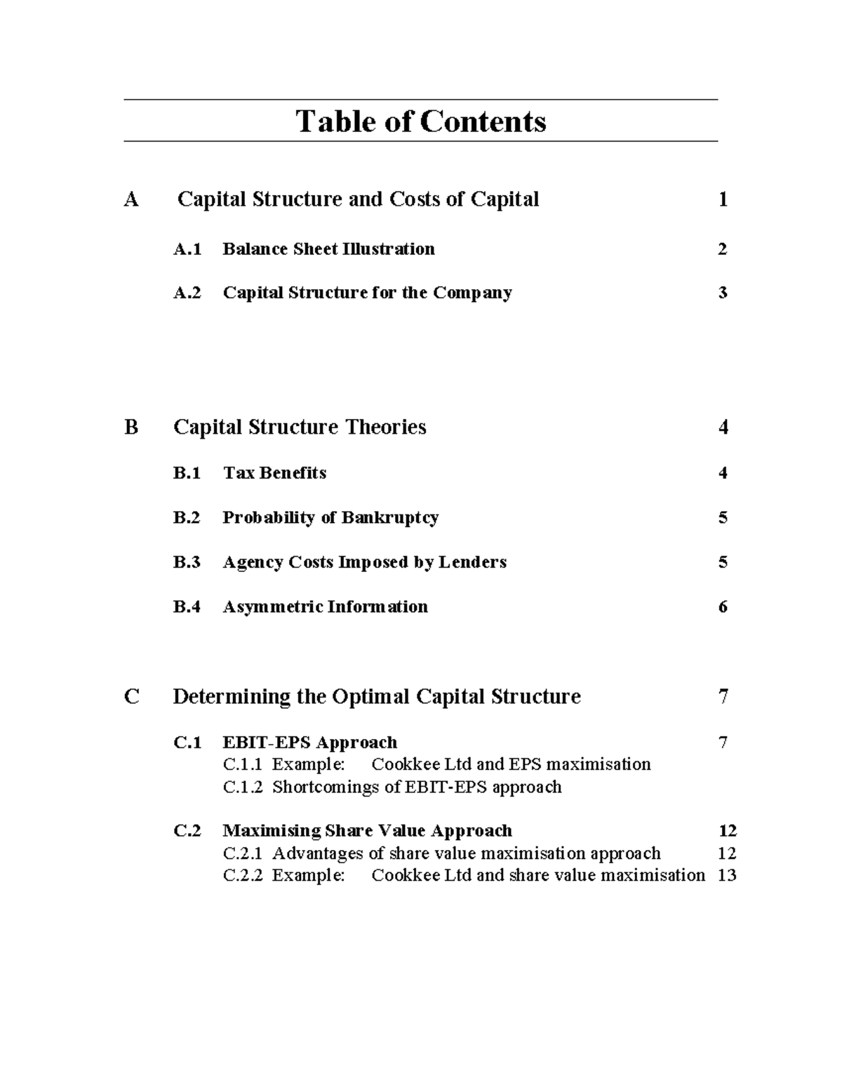 Capital Structure Ch13 - Table of Contents C.1 Example: Cookkee Ltd and ...