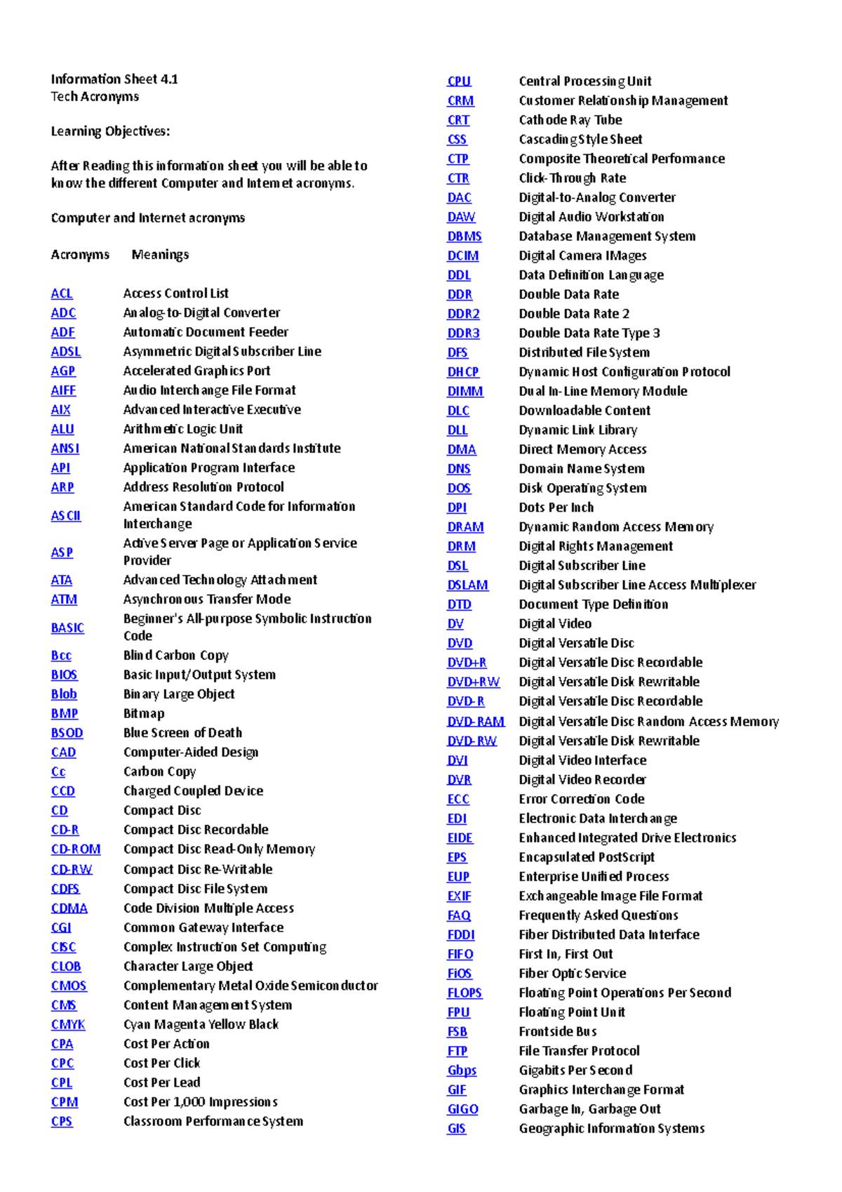 Acronym - Basis - Information Sheet 4. Tech Acronyms Learning ...