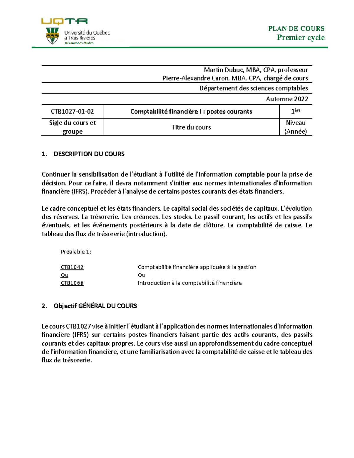 Plan de cours CTB1027-01 aut. 2022 - PLAN DE COURS Premier cycle Martin ...