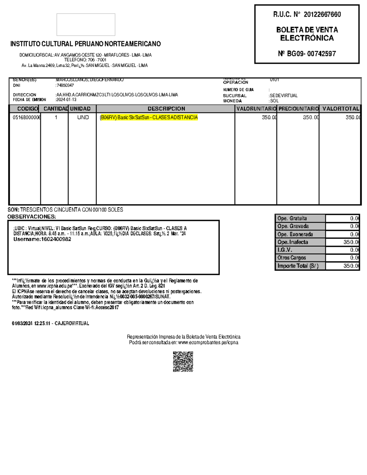 Comprobante de pago marzo - INSTITUTO CULTURAL PERUANO NORTEAMERICANO ...