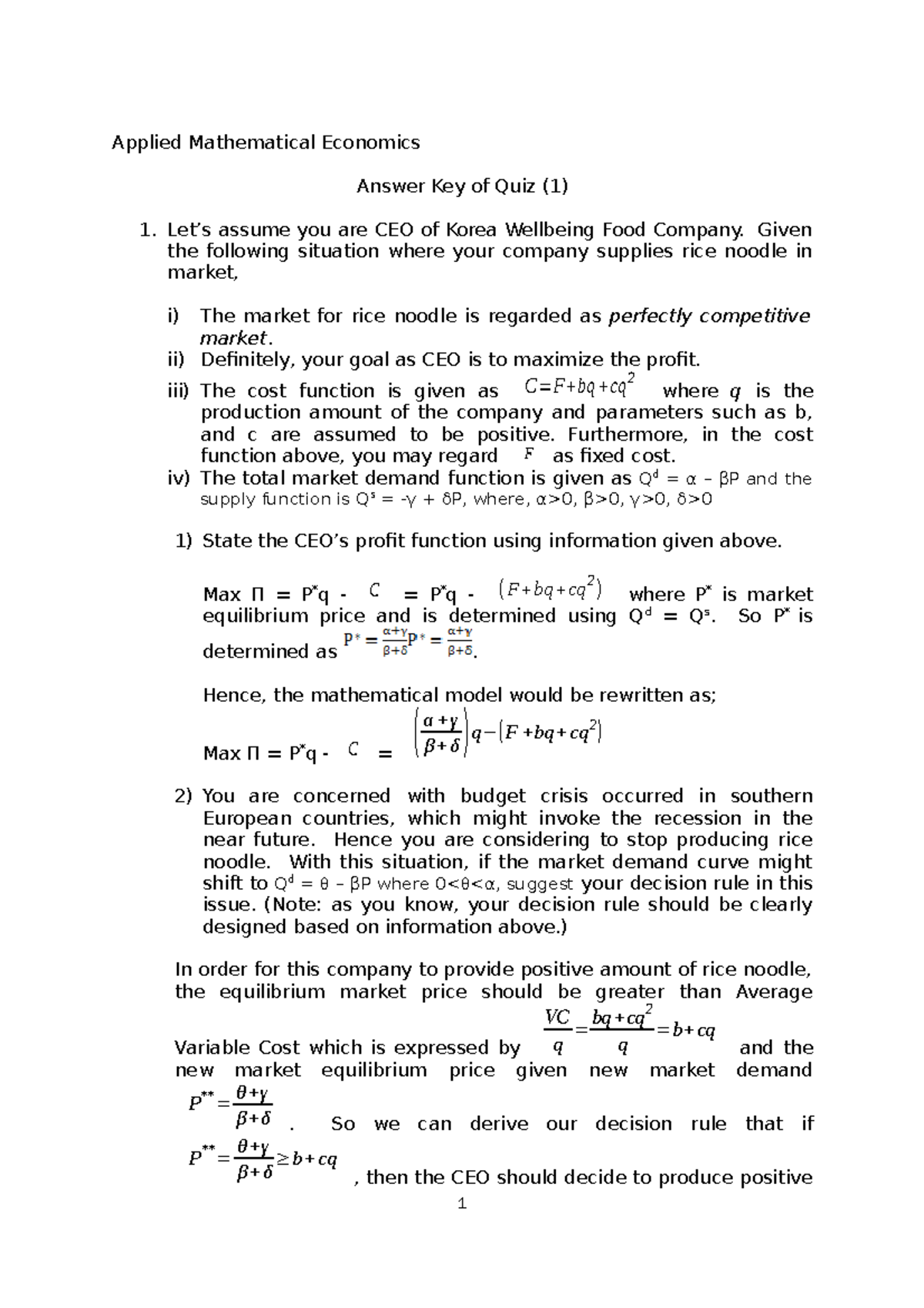 응용경제수학 answer Quiz 1 - Applied Mathematical Economics Answer Key of ...