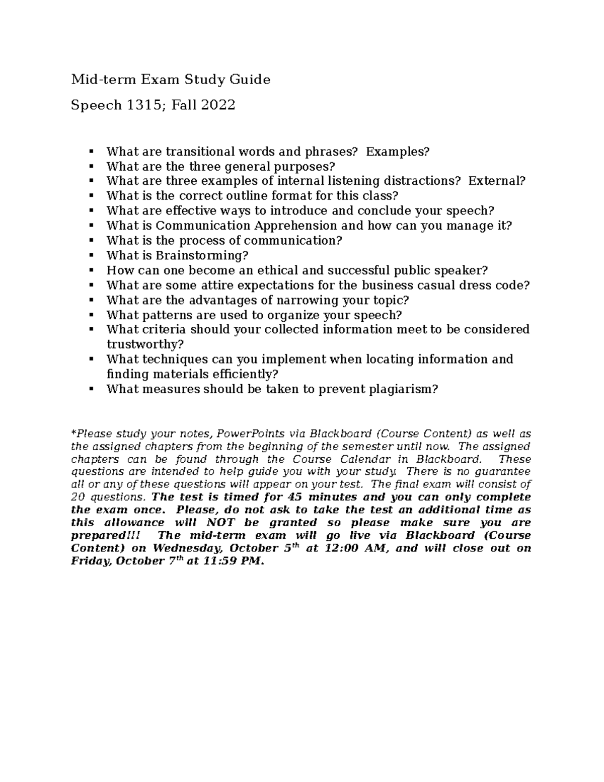 Midterm Study Guide FALL2022 - Online - Mid-term Exam Study Guide Speech 1315; Fall 2022 What ...