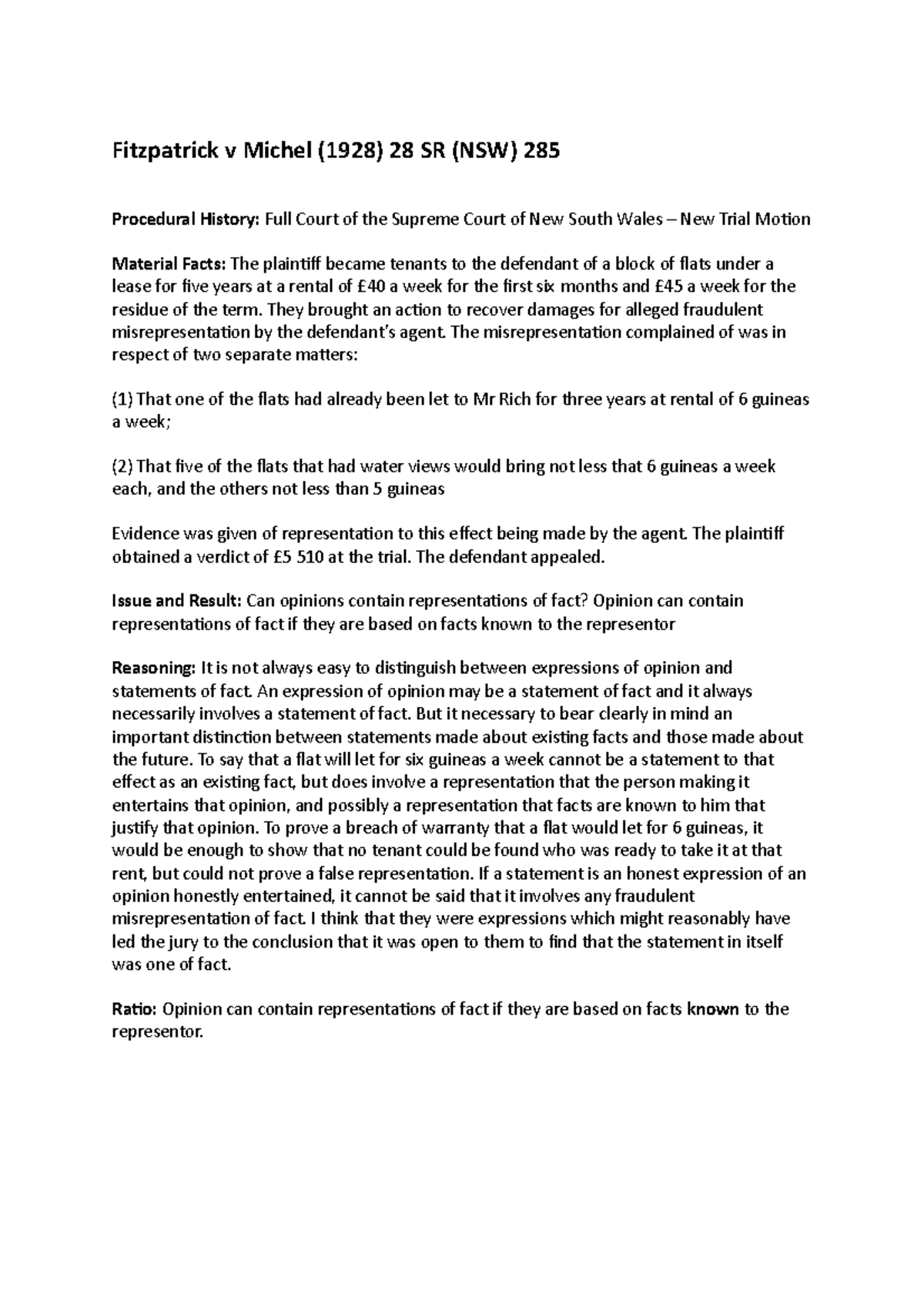 Fitzpatrick v Michel - They brought an action to recover damages for ...