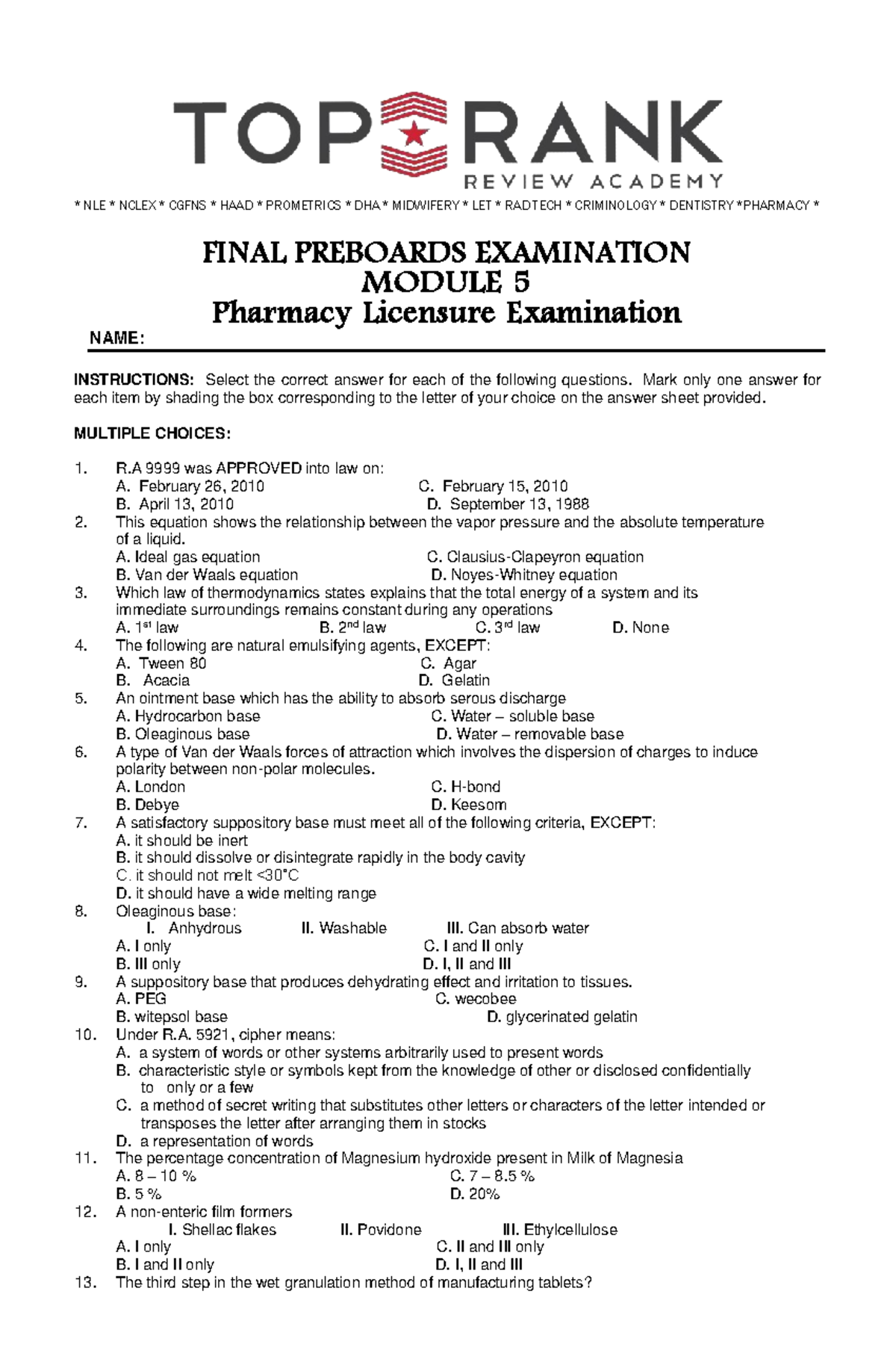 PB- Module-5 - Board Exam Materials - NLE * NCLEX * CGFNS * HAAD ...