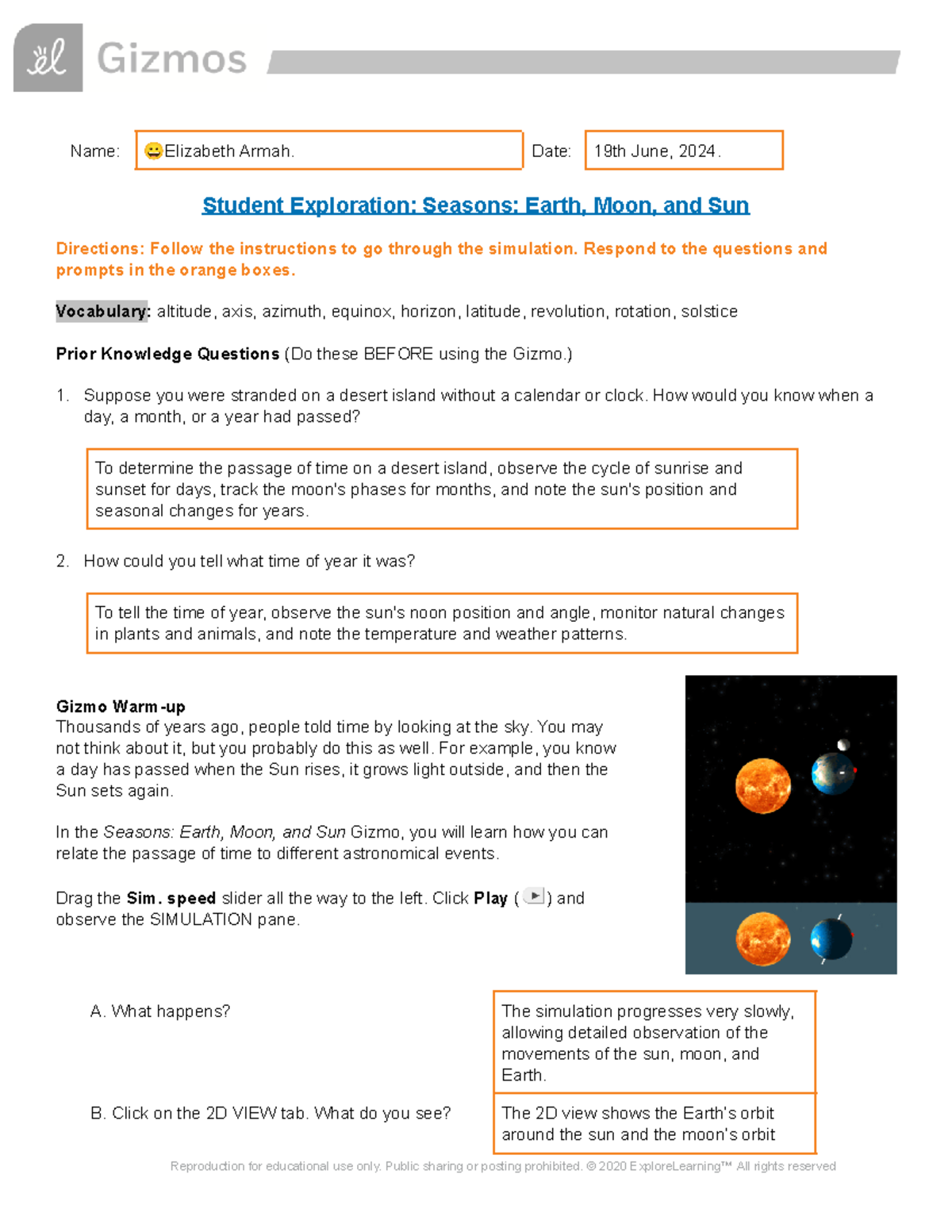 Elizabeth -Student Exploration: Seasons: Earth, Moon, and Sun. - Name ...
