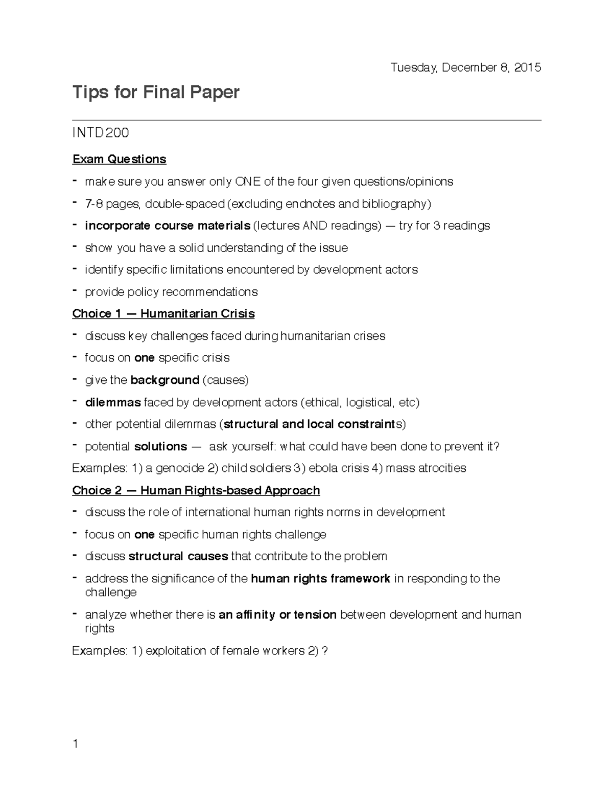 INTD200 final exam pointers - Tuesday, December 8, 2015 Tips for Final ...