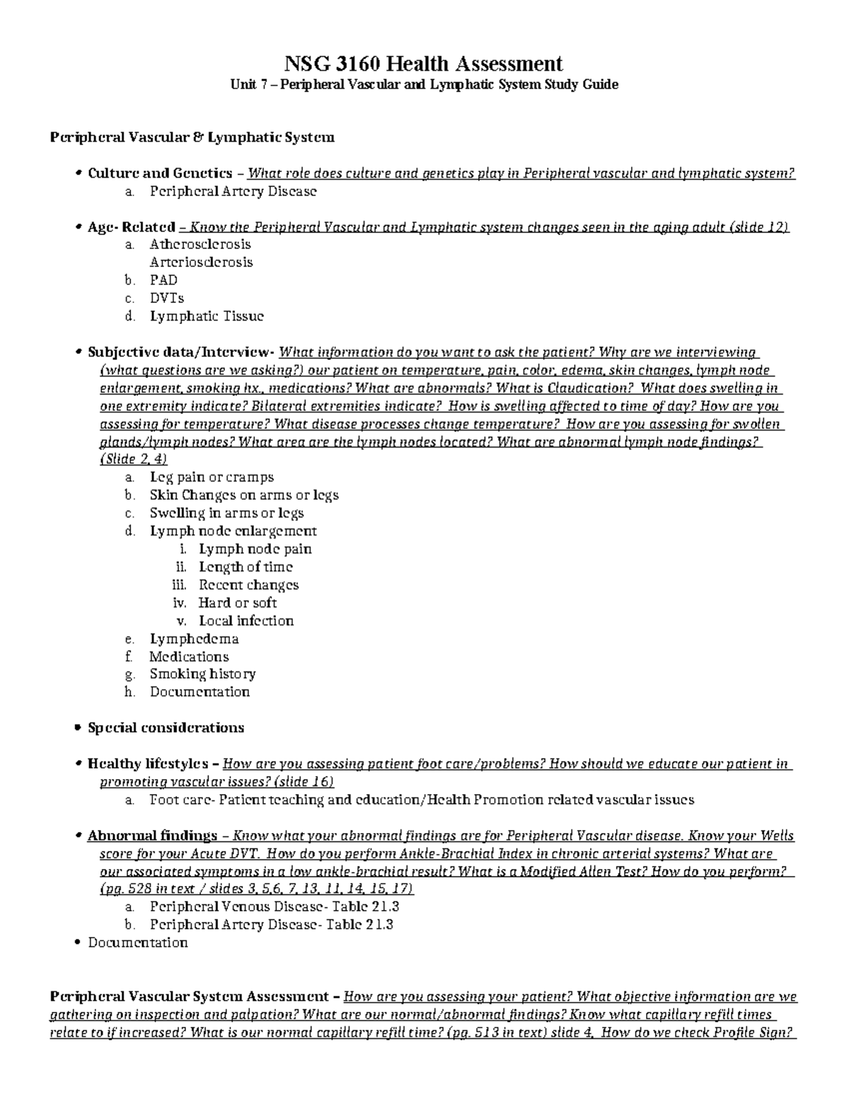 NSG3160 Unit 7 Study Guide - NSG 3160 Health Assessment Unit 7 – Peripheral Vascular and ...