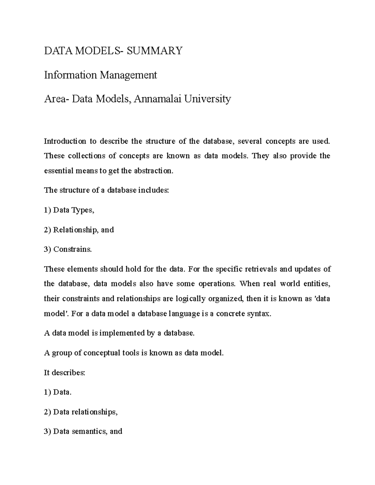 DATA Models - Its useful for examination - DATA MODELS- SUMMARY ...