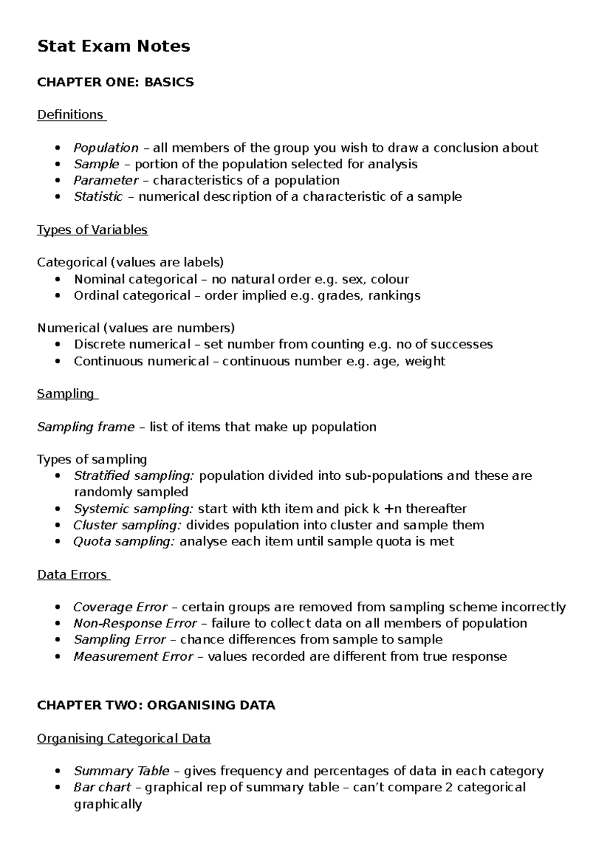 Stat notes for defferred - Stat Exam Notes CHAPTER ONE: BASICS ...