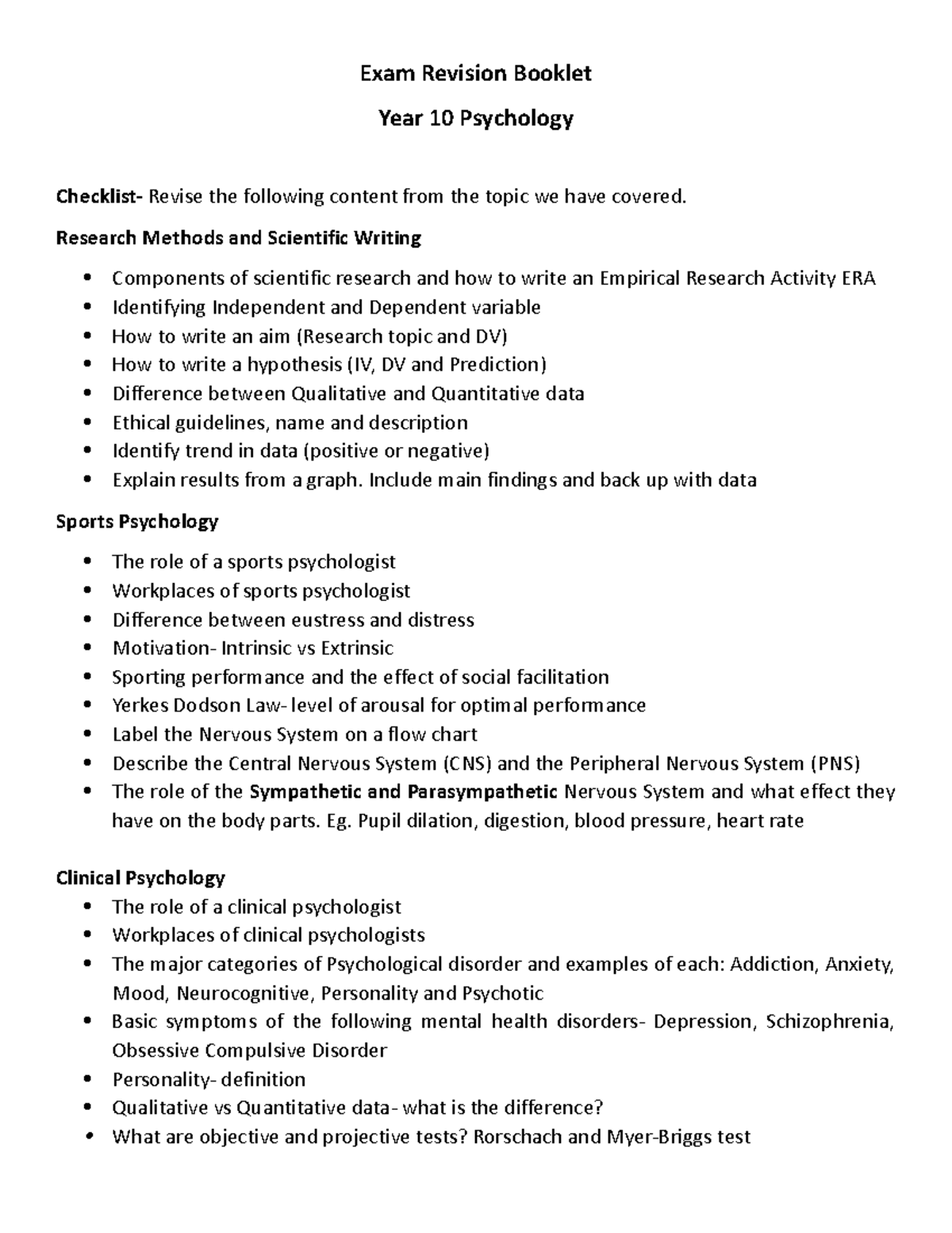 Exam Revision Booklet - Exam Revision Booklet Year 10 Psychology ...