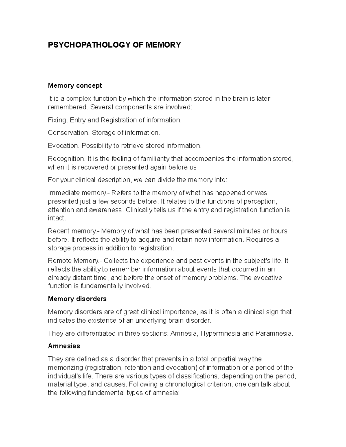 Psychopathology of memory - PSYCHOPATHOLOGY OF MEMORY Memory concept It ...
