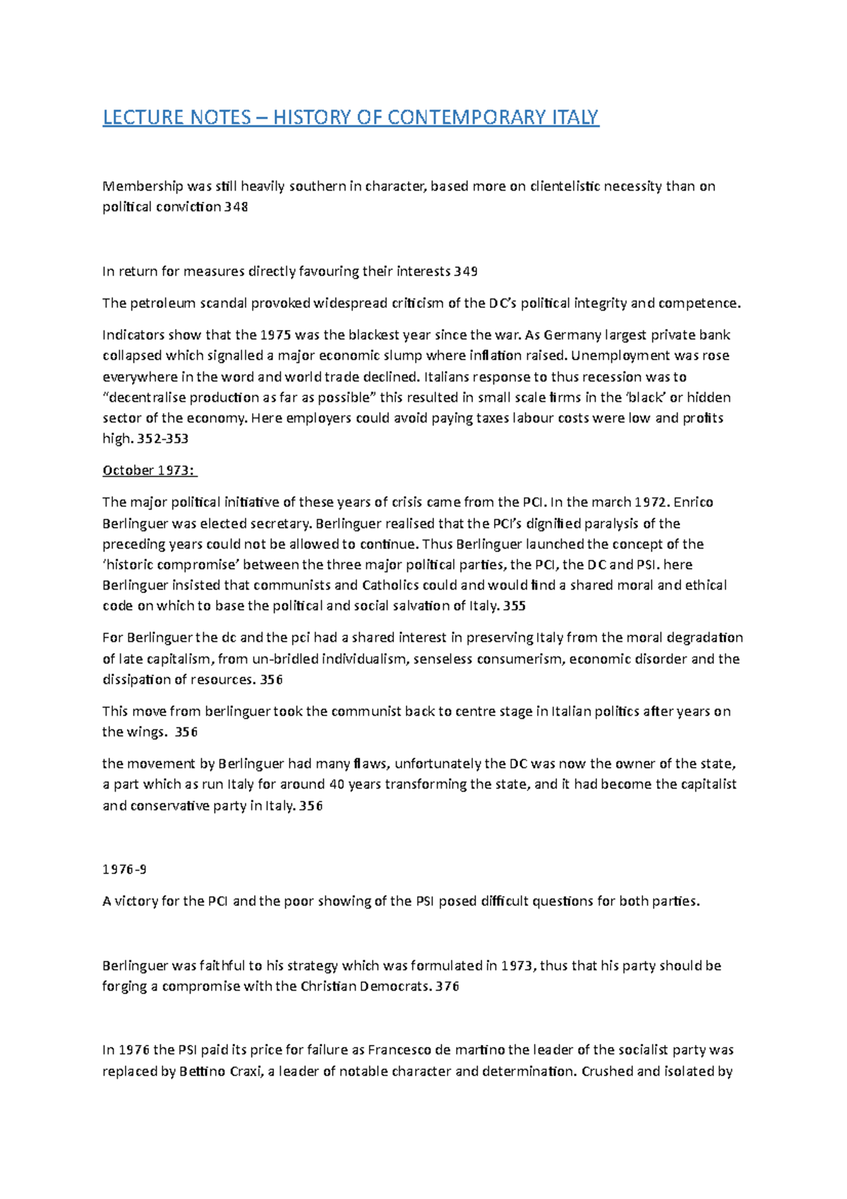 Lecture - History OF Contemporary Italy - LECTURE NOTES HISTORY OF ...