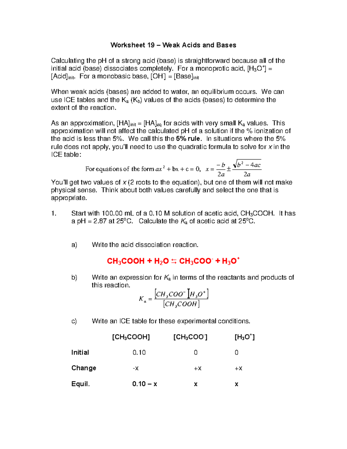 Acid-Base - ICE Practice Problems 3 - Worksheet 19 – Weak Acids and ...