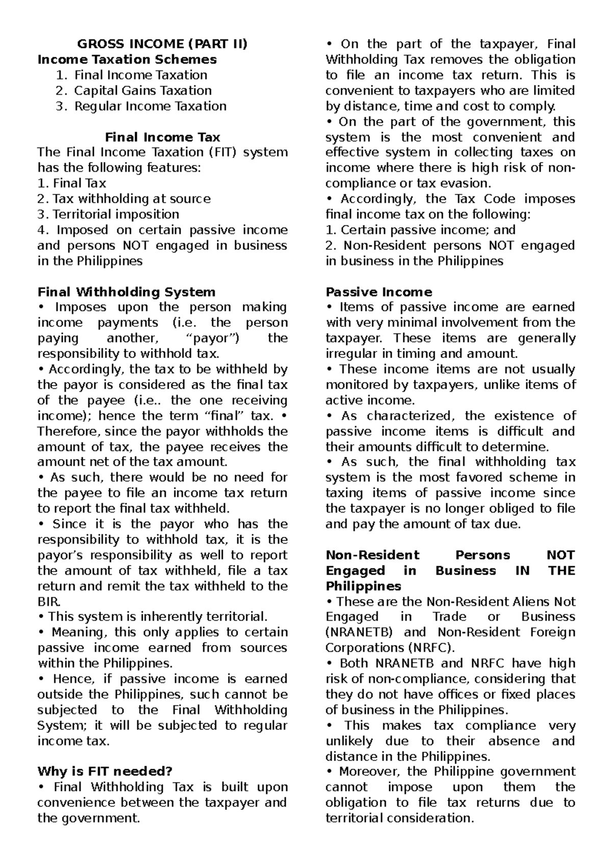 Gross Income Part 2 - GROSS INCOME (PART II) Income Taxation Schemes 1. Final Income Taxation 2 ...