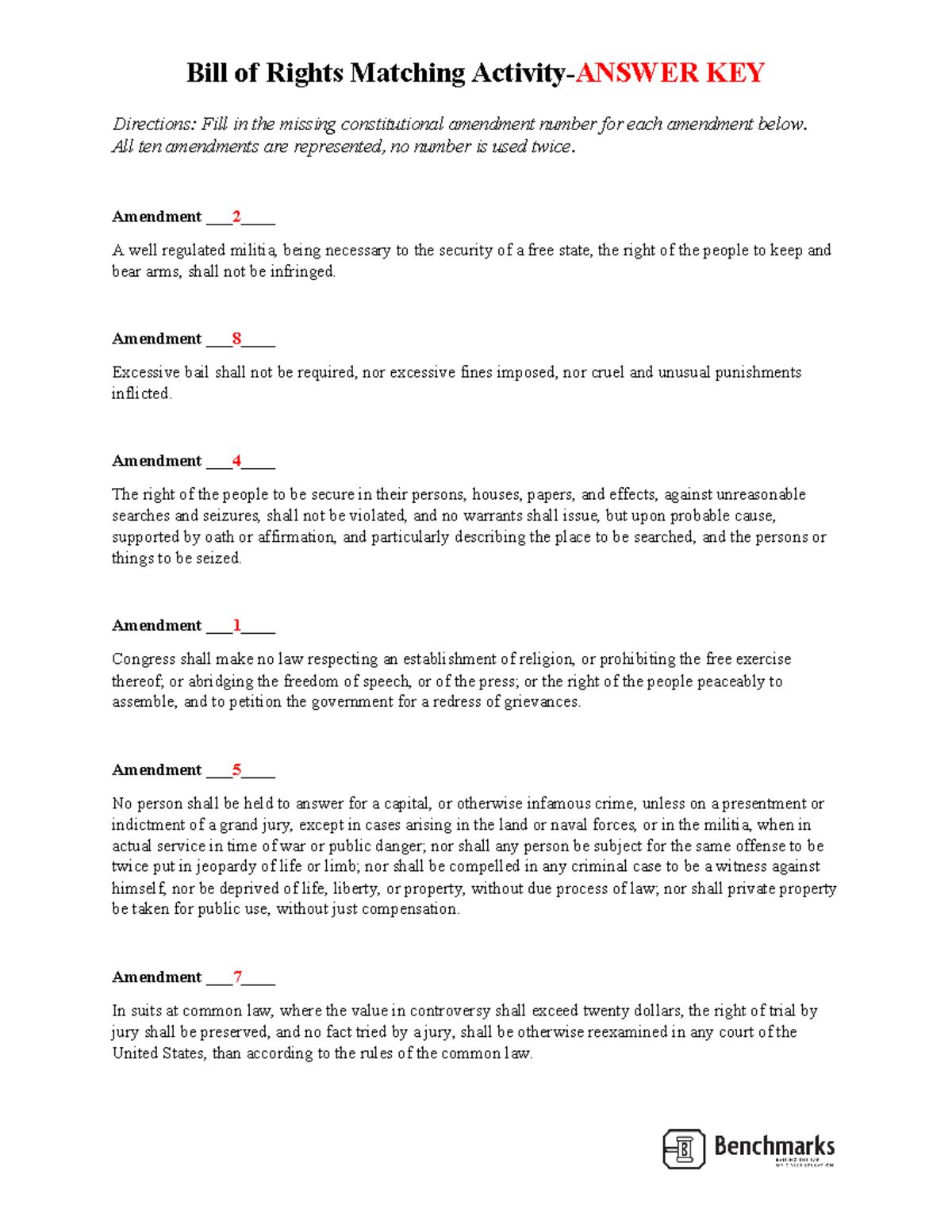 Bill of Rights Matching Answer Key - Bill of Rights Matching Activity ...