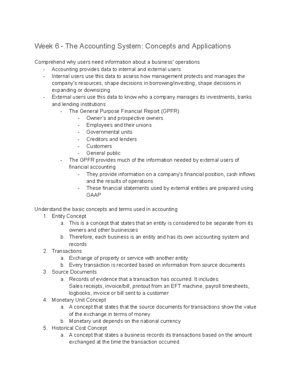 BUSS1030 Notes weeks 6-13 - Week 6 - The Accounting System: Concepts ...