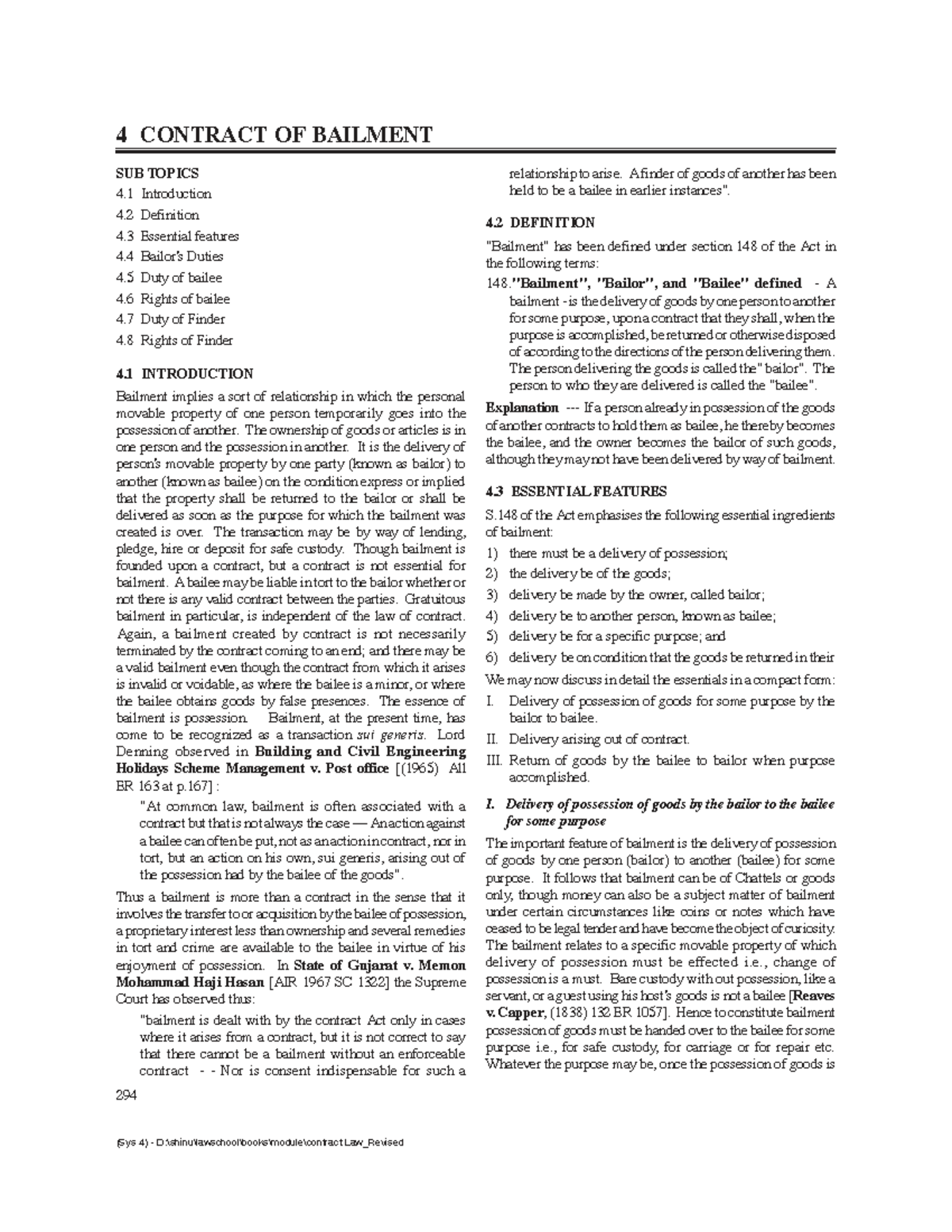 Contract of Bailment - 294 4 CONTRACT OF BAILMENT SUB TOPICS 4 ...