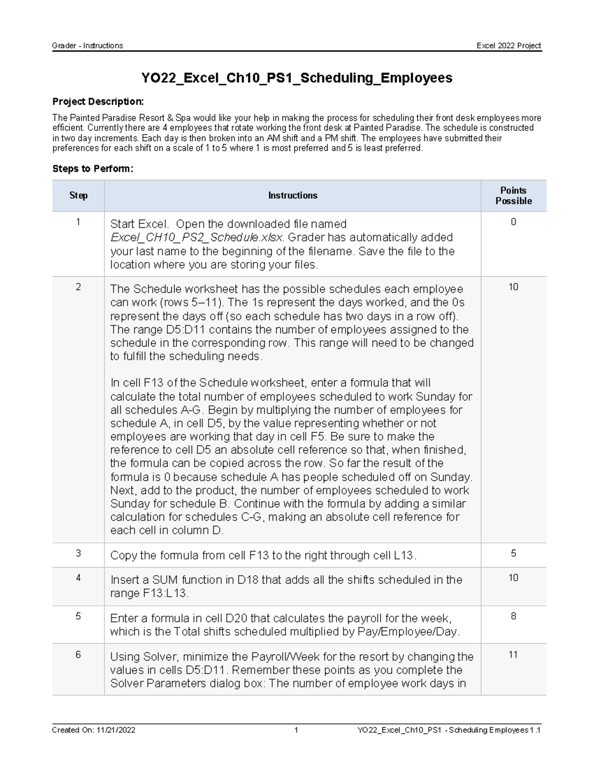 YO22 Excel Ch10 PS1 Scheduling Employees Instructions - Grader - Instructions Excel 2022 Project ...